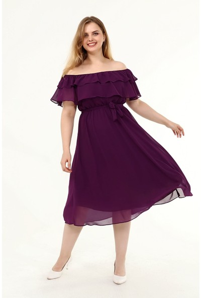 Modayız Karmen Yaka Büyük Beden Şifon Elbise 30Y-1824