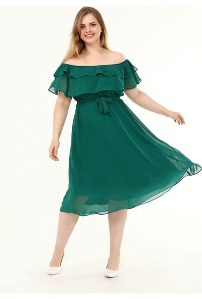 Modayız Karmen Yaka Büyük Beden Şifon Elbise 34E-1825