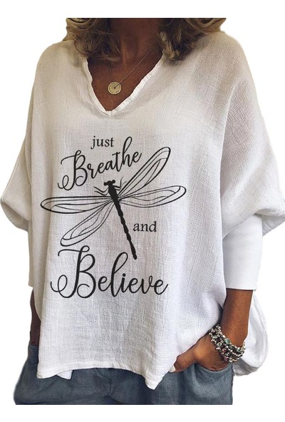 Gogoo V Yakalı Uzun Kollu Bol Dökümlü Kadın T-Shirt-Beyaz (Yurt Dışından)