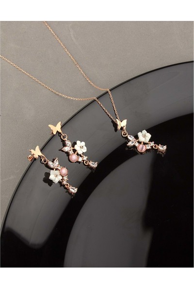 Else Silver 925 Ayar Gümüş Kelebek Bahçesi Kolye Küpe Set