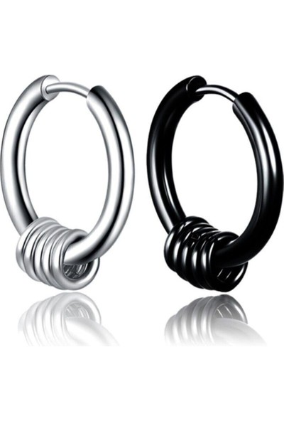 Takıconcept Halka Sallantılı Çelik Küpe 2 Adet Siyah ve Gümüş 316L Paslanmaz Çelik