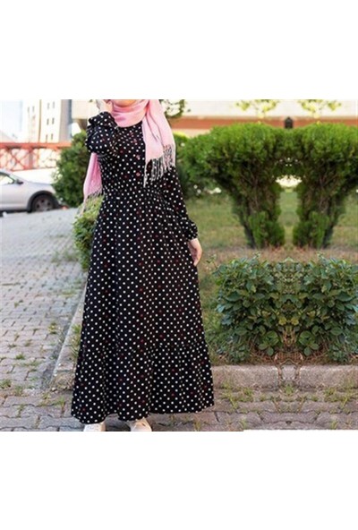 Moda Periy Pamuklu Dokuma Puantiyeli Tesettür Elbise Blb 8800-3 Siyah Moda Periy Pamuklu Dokuma Puantiyeli Tesettür Elbise Blb 8800-3 Siyah