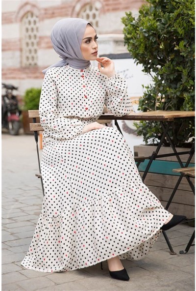 Moda Periy Pamuklu Dokuma Puantiyeli Tesettür Elbise Blb 8800-2 Beyaz Moda Periy Pamuklu Dokuma Puantiyeli Tesettür Elbise Blb 8800-2 Beyaz