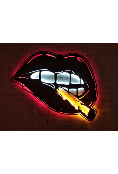 MF Tasarım Dudak 3 Sabit LED Işıklı Ahşap Mdf Dekoratif Tablo 50 x 40