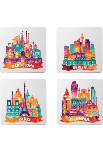 Cupgel Mdf Kare Baskılı Bardak Altlığı - Şehirler