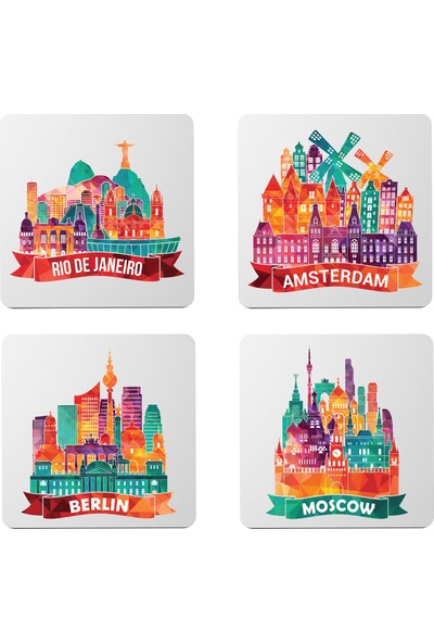 Cupgel Mdf Kare Baskılı Bardak Altlığı - Şehirler
