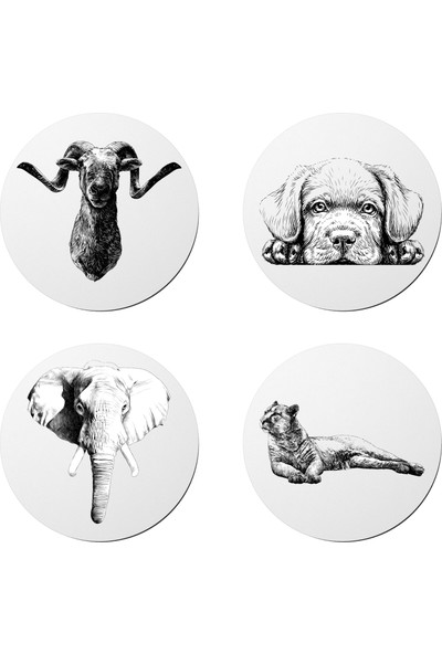 Cupgel Mdf Yuvarlak Baskılı Bardak Altlığı - Karakalem Hayvanlar