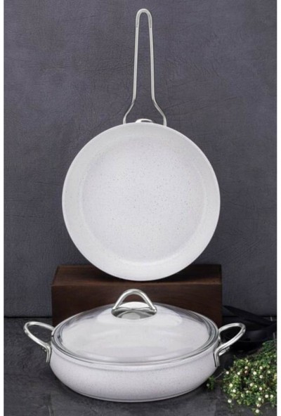 Taç Luna Granit Döküm 2'li Tencere Tava Set Beyaz