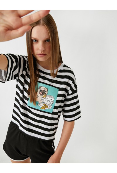 Koton Çizgili Crop Tisört Köpek Baskili Pamuklu