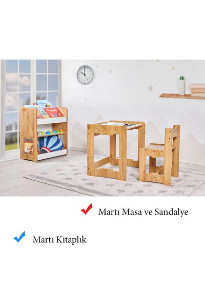 Minera 4-6 Yaş Martı Model Çocuk Çalışma Oyun Masa Sandalye ve Kitaplık Seti