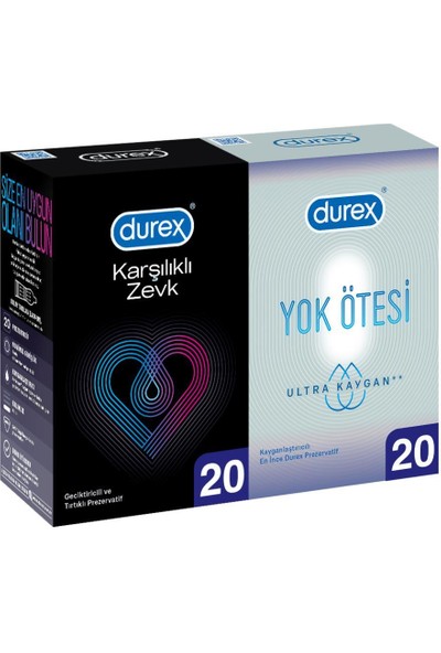Durex Karşılıklı Zevk Geciktiricili ve Tırtıklı + Durex Yok Ötesi Ultra Kaygan İnce 40'lı Prezervatif Durex Karşılıklı Zevk Geciktiricili ve Tırtıklı + Durex Yok Ötesi Ultra Kaygan İnce 40'lı Prezervatif