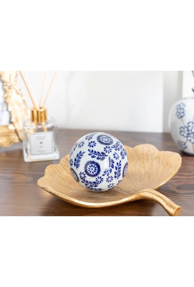English Home Leaf Porselen Dekoratif Obje 8,5x8,5x8,5 cm Mavi-Beyaz