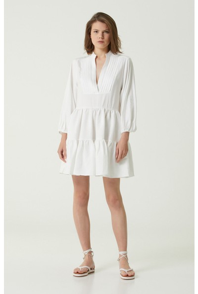 Network Regular Fit Beyaz Pili Detaylı Mini Elbise