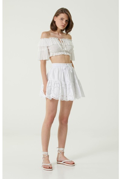 Network Regular Fit Beyaz Volanlı Mini Etek