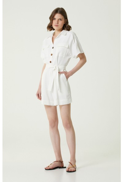 Network Slim Fit Beyaz Kuşaklı Tulum