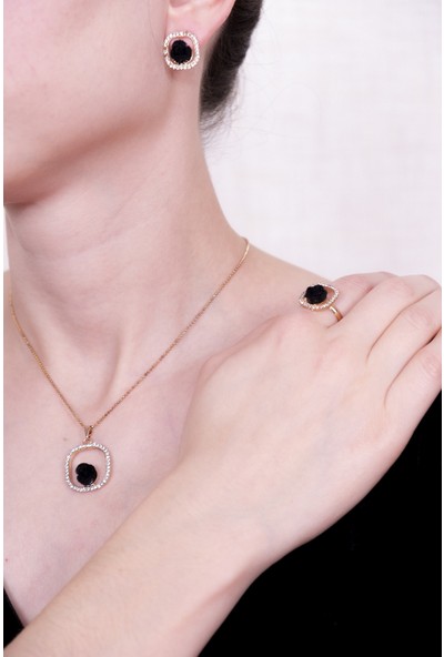 Roza Silver Siyah Güllü Zarif Üçlü Set