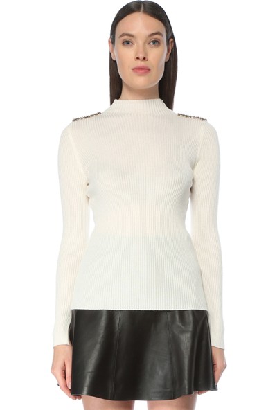 Network Slim Fit Beyaz Dik Yaka Omuzları Troklu Kazak