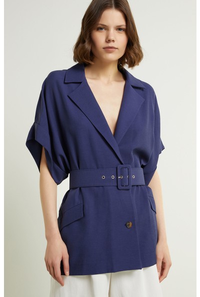 Network Regular Fit Mavi Kelebek Yaka Beli Kemerli Ceket Network Regular Fit Mavi Kelebek Yaka Beli Kemerli Ceket