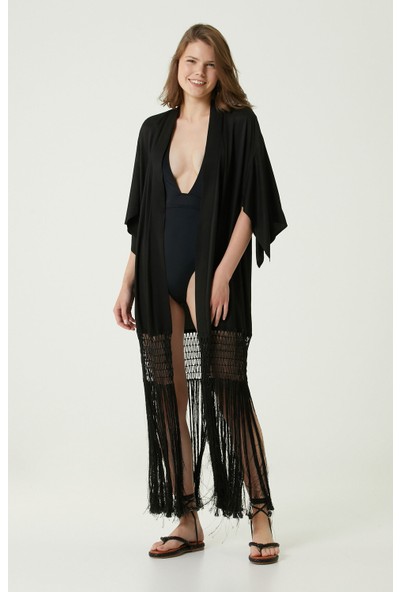 Network Siyah Kuşaklı Püskül Detaylı Midi Kaftan