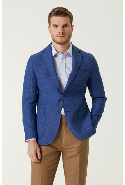 Network Comfort Fit Indigo Desenli Keten Ceket