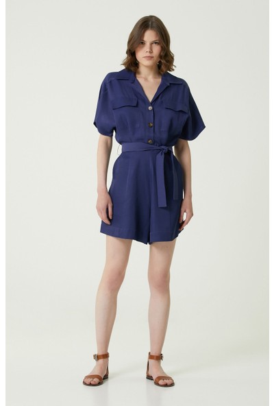 Network Slim Fit Mavi Beli Kuşaklı Mini Tulum Network Slim Fit Mavi Beli Kuşaklı Mini Tulum