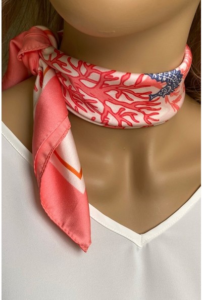 Artikel Nar Çiçeği Deniz Temalı Saten Bandana Fular,saç Aksesuarı, Boyunluk