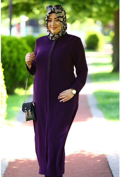 Tuğralı Nakışlı Mürdüm Fermuarlı Ferace