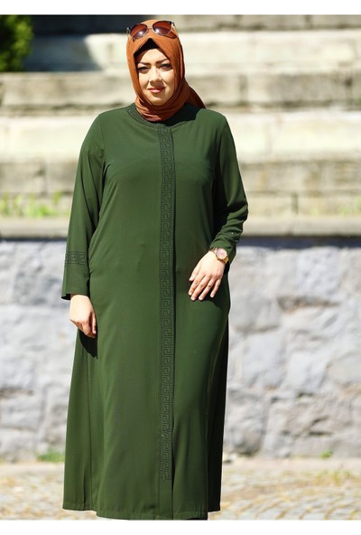 Tuğralı Haki Fermuarlı Taşlı Ferace