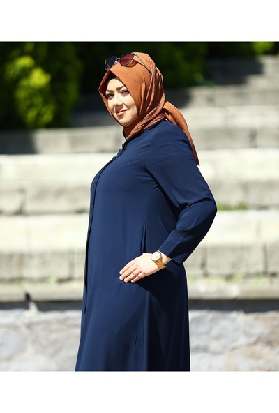 Tuğralı Lacivert Fermuarlı Taşlı Ferace