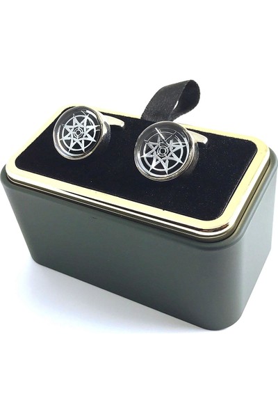 Kravatkolik Gümüş Renk Siyah Yıldız Desen Yuvarlak Kol Düğmesi KD1332