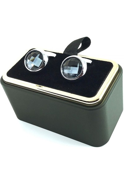 Kravatkolik Gümüş Renk Yuvarlak Mavi Taşlı Kol Düğmesi KD1608