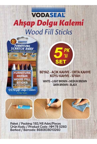 Vodaseal Ahşap Mobilya Çizik Giderici Tamir Dolgu Kalemi 5li Paket Vodaseal Ahşap Mobilya Çizik Giderici Tamir Dolgu Kalemi 5li Paket