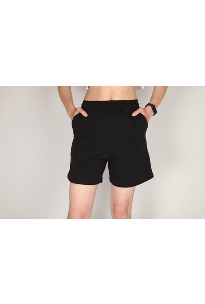 BKY Siyah Yüksek Bel Penye Şort