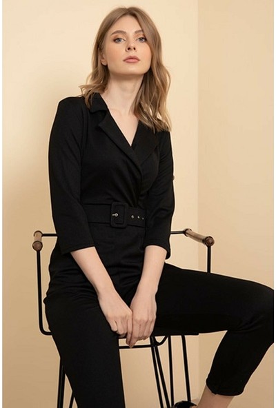 Gross AVM Kadın Gömlek Yaka Siyah Kemerli Tulum