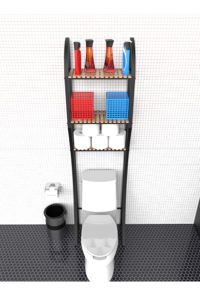 Hatti Tasarım Banyo Klozet Malzeme Dolabı Metal - Ahşap Kombinli Çok Amaçlı Organizer Raf Sistemi
