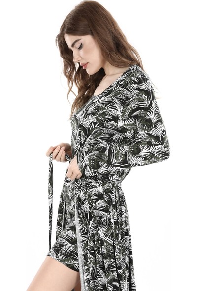 Obje Kadın Siyah Uzun Çiçekli Sabahlık