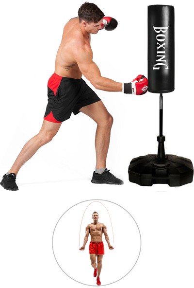 Spor Byfit 149 cm Devrilmez Ayaklı Yaylı Boks Vurma Standı + Atlama Ipi - 2'li Set Spor Byfit 149 cm Devrilmez Ayaklı Yaylı Boks Vurma Standı + Atlama Ipi - 2'li Set