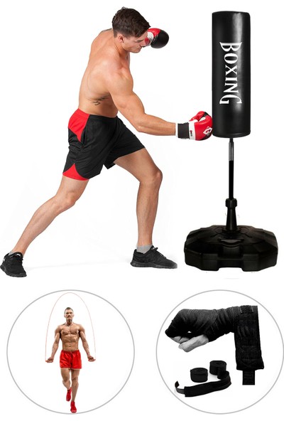 Spor Byfit 149 cm Devrilmez Ayaklı Yaylı Boks Vurma Standı + Boks Bandajı + Atlama Ipi - 3'lü Set Spor Byfit 149 cm Devrilmez Ayaklı Yaylı Boks Vurma Standı + Boks Bandajı + Atlama Ipi - 3'lü Set