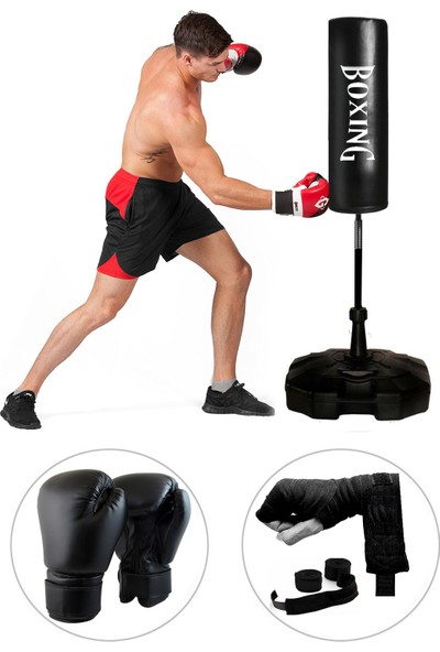 Spor Byfit 149 cm Devrilmez Ayaklı Yaylı Boks Vurma Standı + Boks Eldiveni + Boks Bandajı - 3'lü Set