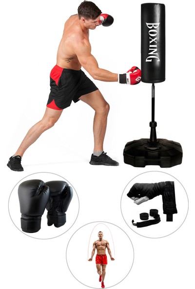 Spor Byfit 149 cm Devrilmez Ayaklı Yaylı Boks Vurma Standı + Boks Eldiveni + El Bandajı + Atlama Ipi - 4'lü Set Spor Byfit 149 cm Devrilmez Ayaklı Yaylı Boks Vurma Standı + Boks Eldiveni + El Bandajı + Atlama Ipi - 4'lü Set