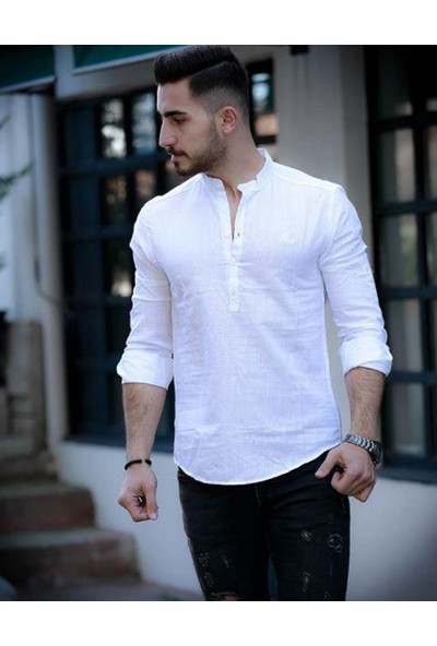 Dark Lavish Erkek Beyaz Hakim Yaka Keten Ekstra Slim Fit Gömlek Dark Lavish Erkek Beyaz Hakim Yaka Keten Ekstra Slim Fit Gömlek
