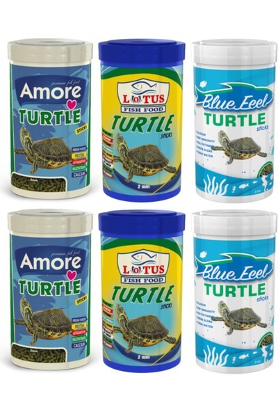 Amore Turtle Sticks 2X250ML + Bluefeel Turtle 2X250ML + Lotus Turtle 2X250ML Kutu Kaplumbağa Yemi Amore Turtle Sticks 2X250ML + Bluefeel Turtle 2X250ML + Lotus Turtle 2X250ML Kutu Kaplumbağa Yemi
