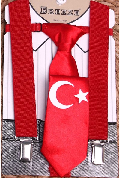 Breeze Erkek Çocuk Kravatlı Pantolon Askısı Ay Yıldızlı Kırmızı (1-10 Yaş)