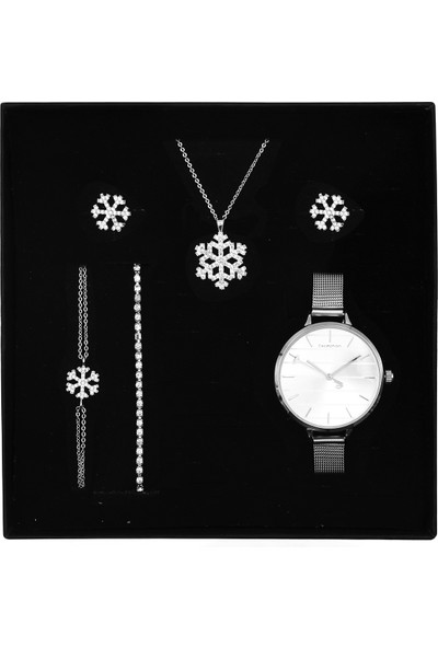 Apollon Gift Gümüş Kaplama Kar Tanesi Kolye & 2'li Küpe & 2'li Bileklik & Saat Seti