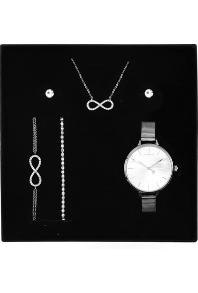 Apollon Gift Gümüş Kaplama Sonsuzluk Kolye & 2'li Küpe & 2'li Bileklik & Saat Seti