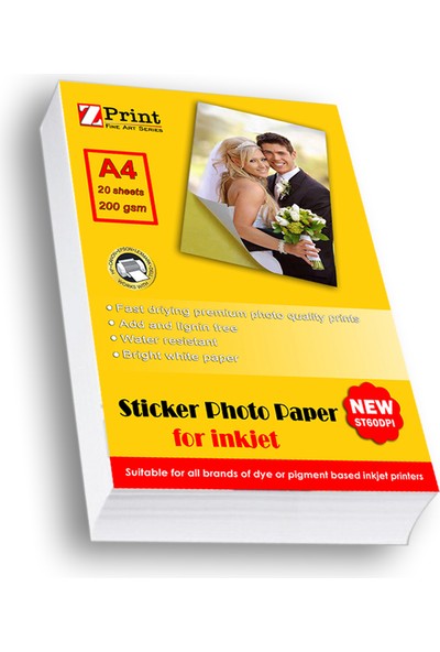 Zprint Yapışkanlı Sticker Fotoğraf Kağıdı A4 20 Yaprak 200 gr (Epson,canon,hp) Zprint Yapışkanlı Sticker Fotoğraf Kağıdı A4 20 Yaprak 200 gr (Epson,canon,hp)