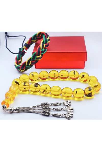 Bay Hediye Renkli Tasarım Deri Bileklik+Toz Kehribar Efe Tesbih Set