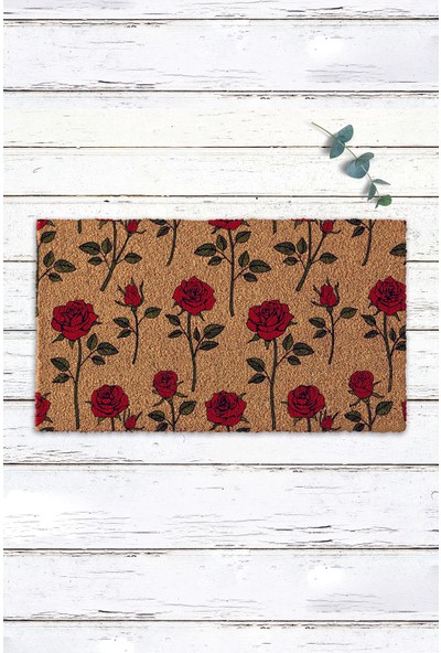 Paspas Yap Kırmızı Gül Desenli Kapı Önü Paspası
