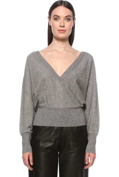 Network Kadın Fit Gri Melanj Sırt Dekolteli Kazak