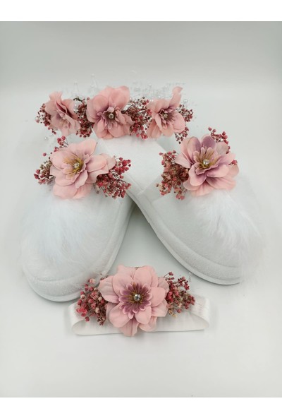 Ecrin Tuhafiye Hobi Pudra Çiçekli Lohusa Terlik Taç & Bandana Seti